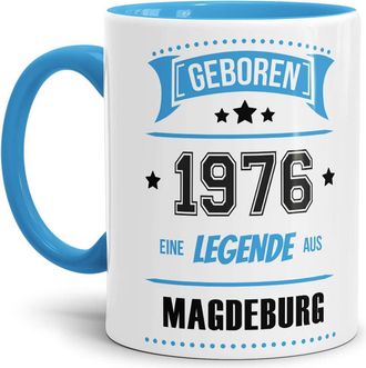 Tassendruck Geburtstags-Tasse Geboren 1976 Eine Legende aus Magdeburg Innen & Henkel Hellblau/Geschenk/mit Spruch/Mug/Cup/Becher/Qualit&auml;t Made in Germany