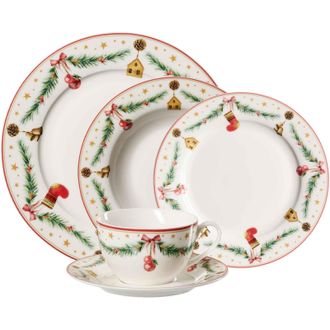 Ritzenhoff & Breker Holly Kombiservice 30-teilig für 6 Personen - Weihnachtsgeschirr aus Porzellan im Retro-Design - spülmaschinenfest & mikrowellengeeignet - Weiß/Rot/Gr