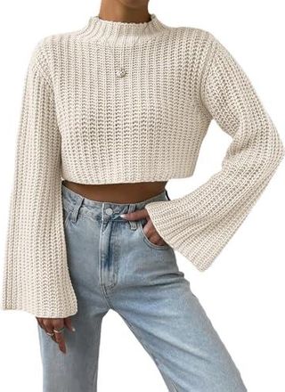 Generic Pull court taille haute à manches cloches pour femme, col montant, pull court, abricot, M