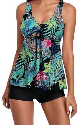 Ocean Plus Femme Deux Pi&egrave;ces X-Back Conservateur Tankini Set avec des Hotpants Noirs Shorts Maillot de Bain Ray&eacute; avec des Sangles Short de Bain (XXL (EU 48-50), 