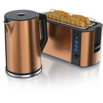 Arendo Fr&uuml;hst&uuml;cksset 2-teilig, 1,5L Wasserkocher Edelstahl, 1500W Langschlitz Toaster frukost, Kupfer - Arendo