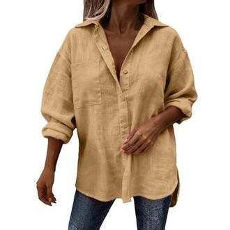 Generic Chemise boutonn&eacute;e en lin pour femme - Chemisiers &agrave; manches longues 3 boutons en coton avec col et poche fentes lat&eacute;rales, chemises l&eacute;g&egrave;res, coupe d&eacute;co