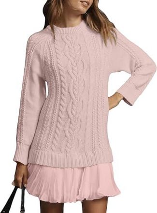 Generic Robe pull en laine tricot&eacute;e torsad&eacute;e pour femme - Mini mousseline de soie - Ourlet &agrave; volants - Manches longues - Col rond - Pour lhiver - Chaud - Pour