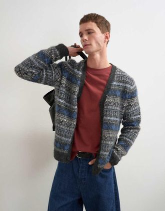 Topman Strickcardigan mit Relaxed Fit, geb&uuml;rstet und gestreift in Grau