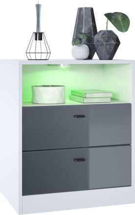 Vladon Kommode Pino V1, Made in Germany, Nachttisch mit 2 Schubladen & 1 offenem Fach, Wei&szlig; matt/Grau Hochglanz mit LED RGB (56 x 67,5 x 36 cm)