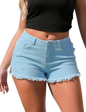 Feoya Short en Jean Femme Taille Haute Shorts Basiques Été Pantalon Court en Jeans Maillot de Plage avec Poches Décontracté Bleu XL