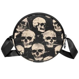 Generic Petit sac &agrave; bandouli&egrave;re circulaire pour femme, motif cr&acirc;nes, petit sac &agrave; dos &agrave; bandouli&egrave;re avec fermeture &eacute;clair, bretelles r&eacute;glables, sac &agrave; main rond