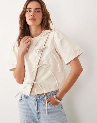 Ghospell Top coupe carr&eacute;e asym&eacute;trique en coton &agrave; manches courtes et d&eacute;tail noeud - Beige-Neutral