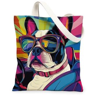 Generic Sac fourre-tout en toile r&eacute;utilisable avec motif de chien terrier de Boston pour faire ses courses, 33 x 38,1 cm, motif chiot pop esth&eacute;tique, chiot fu