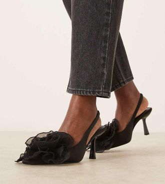 Asos Sunset - Chaussures larges &agrave; talon mi-haut et bride arri&egrave;re avec grosse fleur - Noir satin&eacute;