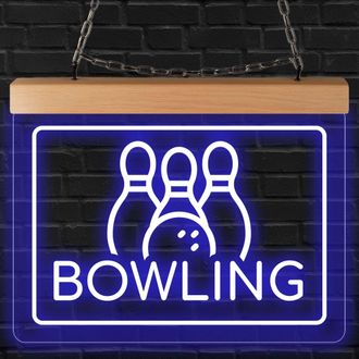 Indigos UG LED Lampen - Bowling - graviert - Leuchtschild 26x20 cm zum H&auml;ngen an Wand oder Scheibe - Schild beleuchtet f&uuml;r B&uuml;ro Laden Praxis Studio Schaufenster 