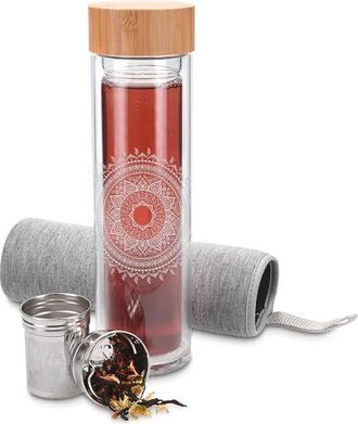 Navaris Bouteille de Th&eacute; en Verre - Gourde avec Infuseur en INOX pour Sachet et Fruits - Bouteille Double Paroi Verre - Transport de Boissons - 500mL Temp&eacute;rat
