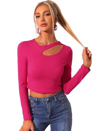 Allegra K Damen Top Langarm L&auml;ssig Oberteil Schmal Geschnittenes Cut Outs T-Shirt Rosa L