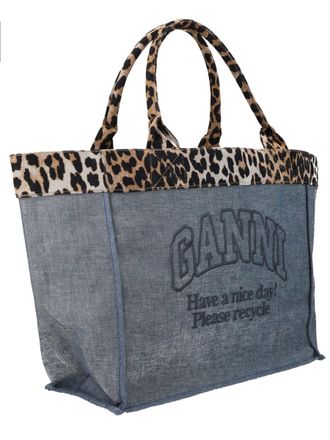 Ganni Womens Tote Bag With Logo Denim Handbags Hand