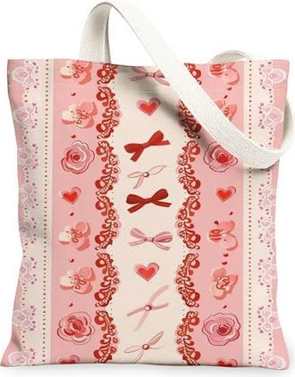Generic Sacs fourre-tout en toile florale de Saint-Valentin, motif floral romantique, sacs d&eacute;picerie r&eacute;utilisables, vintage, l&eacute;gers, lavables &agrave; l&eacute;paule S, p&ecirc;c