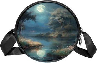 Generic Petit sac &agrave; bandouli&egrave;re Circle pour femme, sac &agrave; bandouli&egrave;re Moonlight Lake avec fermeture &eacute;clair, bretelles r&eacute;glables, sac &agrave; main rond d&eacute;contract&eacute; po