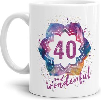 Tassendruck Geburtstags-Tasse 40 and Wonderful Geburtstags-Geschenk zum 40. Geburtstag als Geschenkidee für die Frau/Abstrakt/Bunt/Kaffeetasse/Weiss