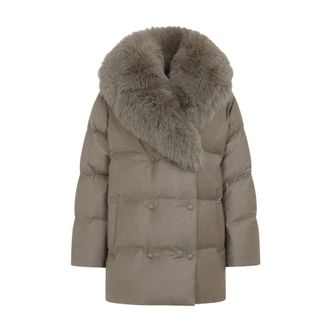 Yves Salomon Doudoune en laine et soie avec col en fourrure - Femme - Vestes - Beige - Taille: 38 FR