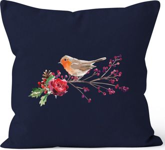 Autiga Kissenbezug Vogel Rotkehlchen Blumen Misteln Watercolor Bird Weihnachten Christmas Navy 40cm x 40cm