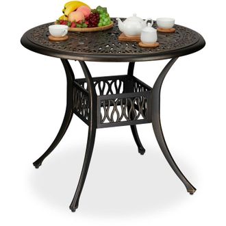 Relaxdays Relaxdays Gartentisch mit Schirmloch, antike Optik, Aluminiumguss, H x D: 75 x 90 cm, runder Balkontisch, schwarz/bronze