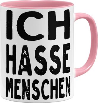 OM3 Ich hasse Menschen Kaffee-Tasse mit Spruch II - Statement Spruchtasse - Keramik Becher - 11oz 325ml - Beidseitig Bedruckt - Rosa