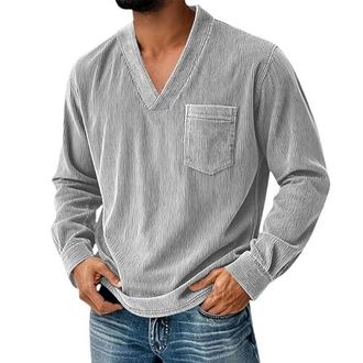 Generic Chemise &agrave; manches longues en velours c&ocirc;tel&eacute; pour homme - Col en V - Coupe ample - Style d&eacute;contract&eacute; et tendance, gris, 3XL
