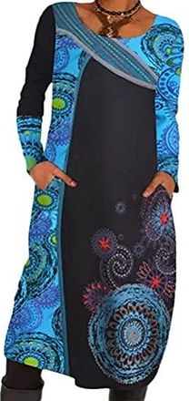 Onsoyours Robe Femme Rétro Robes De Plage Col en V Robes Au Genou Manches Longue Casual Tuniques T-Shirt Dress Imprimée Floral Vintage Ethnique Grande Taille Ro
