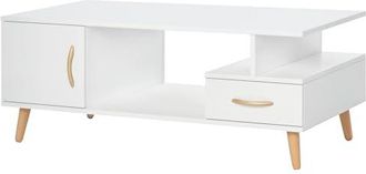 HOMCOM Table Basse rectangulaire Design scandinave 100L x 50l x 40H cm Niche + tiroir & Placard Bois Massif pin Panneaux Particules Blanc