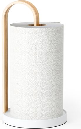 Umbra Bellwood K&uuml;chenrollenhalter stehend - K&uuml;chenpapierhalter mit stabilem Metallfu&szlig; und Echtholzst&auml;nder, Weiss/Natur