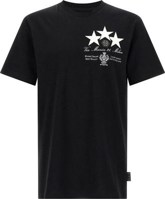 Philipp Plein Homme, Tops, Noir, Taille: M T-Shirt Col Rond Étoiles Patch Cuir