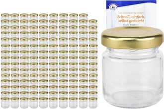 MamboCat 200er Set Rundgläser 53 ml Deckelfarbe Gold to 43 inkl. Diamant Gelierzauber Rezeptheft, Einmachgläser, Einkochgläser, Vorratsgläser, Mini Sturzgläser