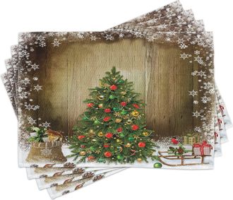 Abakuhaus Weihnachten Platzmatten, Pine Tree Presents, Waschbare Stoff Esszimmer Küche Tischdekorations Digitaldruck, Braun Grün