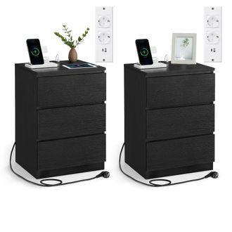 Vasagle Kailyn Kollektion - Nachttisch mit Steckdosenleiste, 2er Set, Beistelltisch, 3 Schubladen, 2 AC-Steckdosen, 2 USB-A-Anschl&uuml;sse, modern, ebenholzschwar