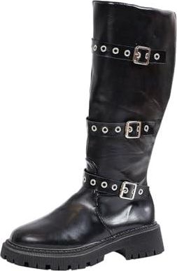 Generic Bottes hautes pour femme - Large mollet - Longues bottines &eacute;l&eacute;gantes &agrave; bout rond classique - Talon bas plat - Fermeture &eacute;clair lat&eacute;rale - Confortables
