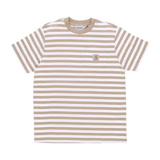 Carhartt Work in Progress Homme, Tops, Gris, Taille: S T-shirt à Rayures avec Poche Ammonite/Blanc