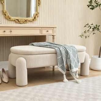 Generic Beige Aufbewahrungsbank aus Chenille & Massivholz - Stilvolle Sitzbank mit Stauraum für Flur, Schlafzimmer & Wohnzimmer (Beige + Corduroy)
