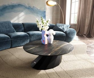 DELIFE Couchtisch Edge Rund 90x90 cm Keramik Laminam Noir Desir Braun Parabi Metall Schwarz, Couchtische