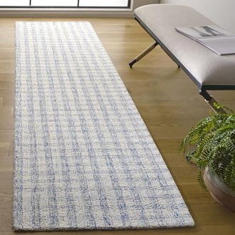 Safavieh Geometrisch Teppich für Wohnzimmer, Esszimmer, Schlafzimmer - Ebony Collection, Niedriger Stapel, Blau und Elfenbein, 69 X 274 cm