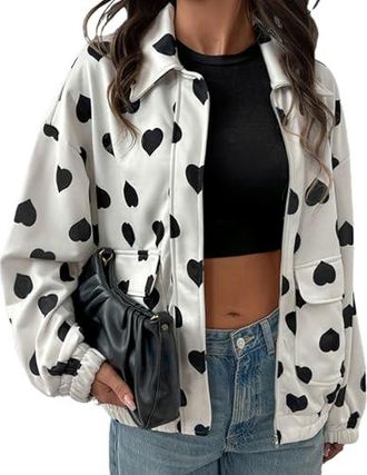Generic Veste bomber femme imprim&eacute; coeur manches longues automne col zipp&eacute; streetwear avec poches 2025