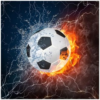 Wallario Glasbild Fußball - Feuer und Wasser - 50 x 50 cm Wandbilder Glas in Premium-Qualität: Brillante Farben, freischwebende Optik