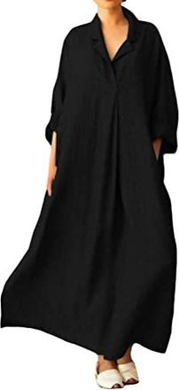 Onsoyours Femmes Coton Lin Robes Décontracté à Manches Courtes Couleur Unie Robes Mi-Longues Robe Evasée Robes Fluides Amples Eté B Noir 3XL