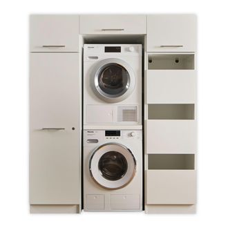 Laundreezy Waschmaschinenschrank f&uuml;r Trockner und Waschmaschine, W&auml;scheschrank, Mehrzweckschrank und 2X Schrankaufsatz, Wei&szlig; - 167,5 x 200 x 67,5 cm (B/H/T)