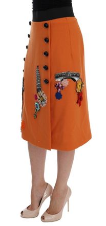 Dolce & Gabbana Womens Orange Wool Crystal Sequin Appliques Skirt Virgin