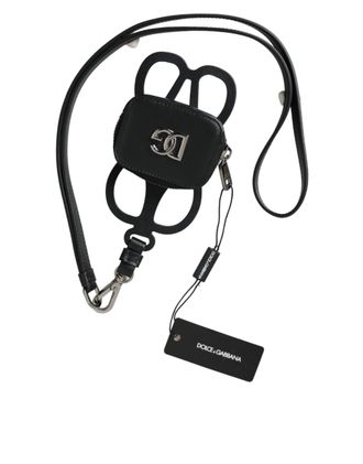 Dolce & Gabbana Mens Black Calfskin Leather Dg Logo Coin Purse Lanyard Wallet Calf