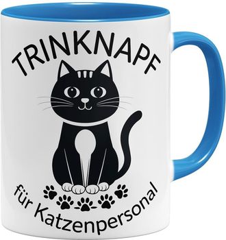 OM3 witzige Kaffee-Tasse mit Spruch - Trinknapf f&uuml;r Katzenpersonal - Katzenliebhaber Katze II - Keramik Becher - 325ml - Beidseitig Bedruckt - Hellblau