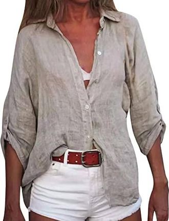 Generic Cache-maillot de plage pour femme, cardigan en coton et lin pour femme, couleur unie, manches 3/4, coupe ample, tunique tendance, polyvalente, boutonn