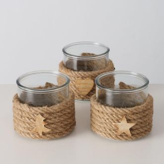 Boltze Boltze 2050198 Timir Windlicht mit Juteummantelung, 3er-Set, Holzdekor