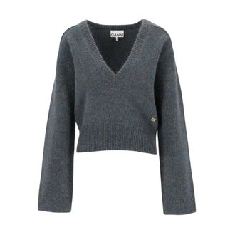 Ganni Tiefes V-Ausschnitt Mohair-Pullover - - Knitwear - Damen - Blau - S