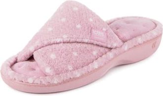 Isotoner Chaussons Popcorn Turnover à bout ouvert pour femme, Motif pois Rose, 37 EU