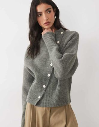 Pretty Lavish cardigan en maille asym&eacute;trique boutonn&eacute; gris-Noir